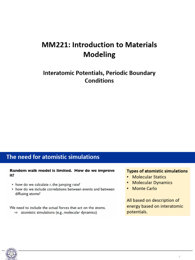 MM221: Introduction To Materials Modeling: Interatomic Potentials, Periodic Boundary Conditions ...