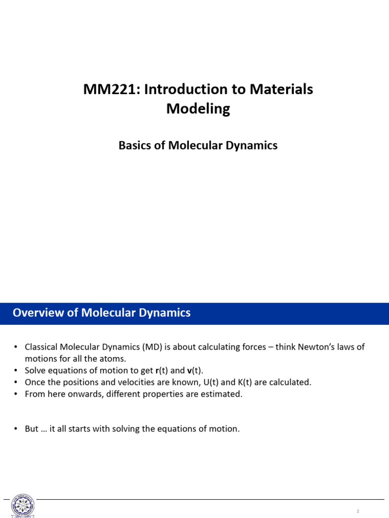 MM221: Introduction To Materials Modeling: Basics of Molecular Dynamics ...