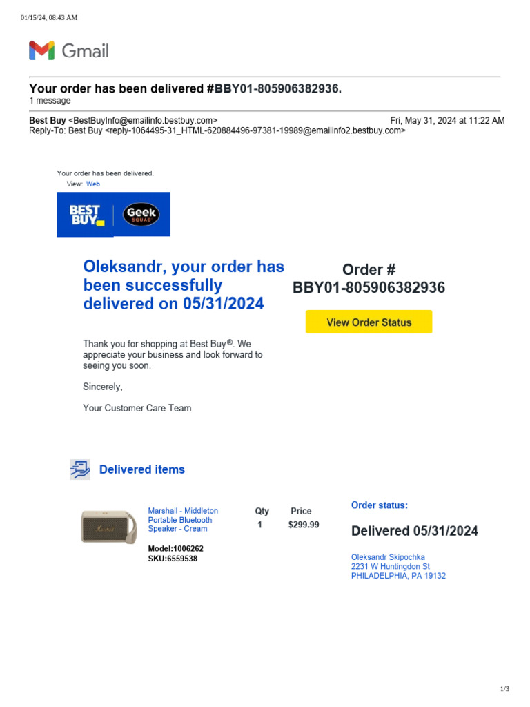 Your Order Has Been Delivered #-805906382936 | PDF | Best Buy