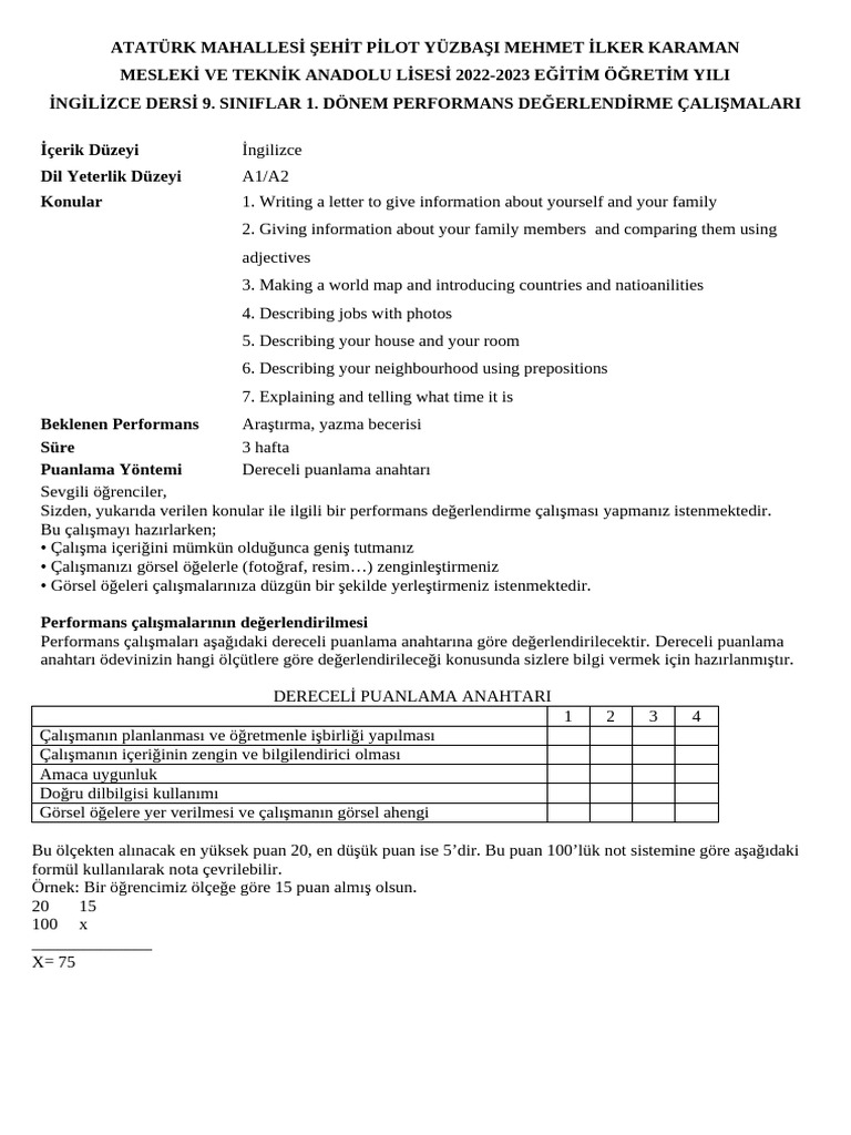 9.sinif Ingilizce Dersi 1.donem Performans Degerlendirme Cizelgesi 2022 2023 | PDF
