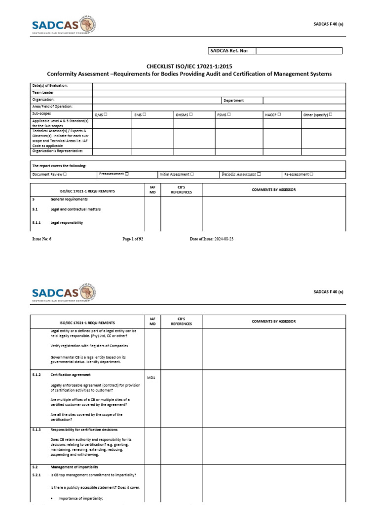 SADCAS F 40a - Checklist - ISO IEC 17021-1-2015 Conformity Assessment - Requirements For Bodies ...