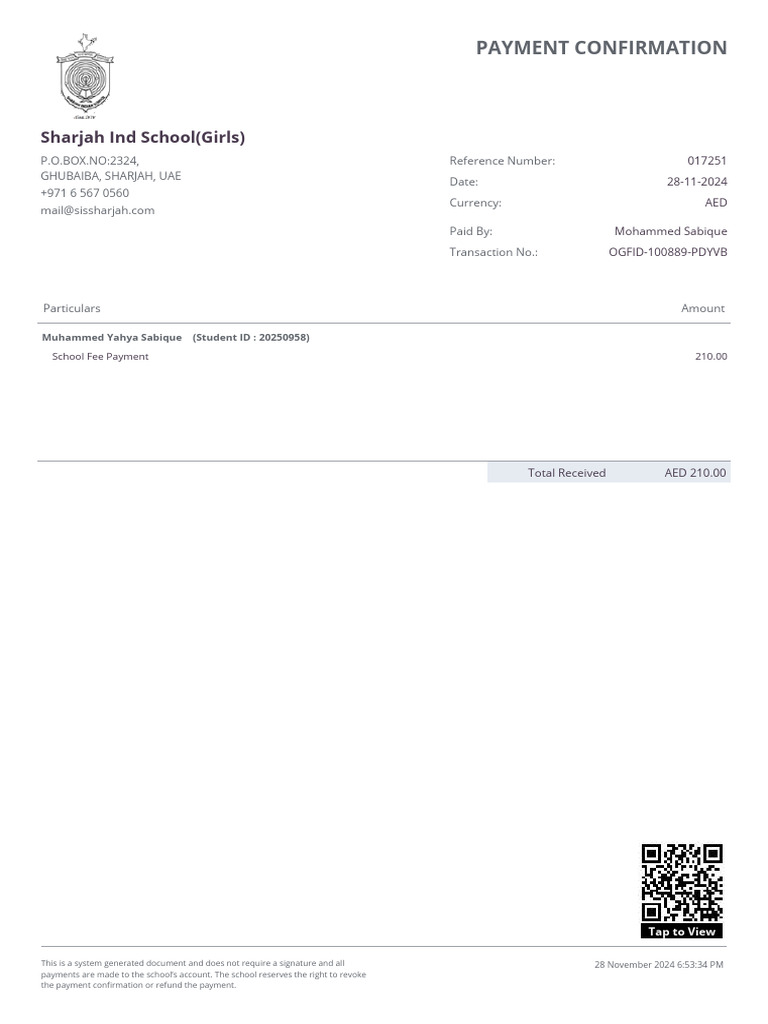 Sharjah Ind School Payment Confirmation | PDF