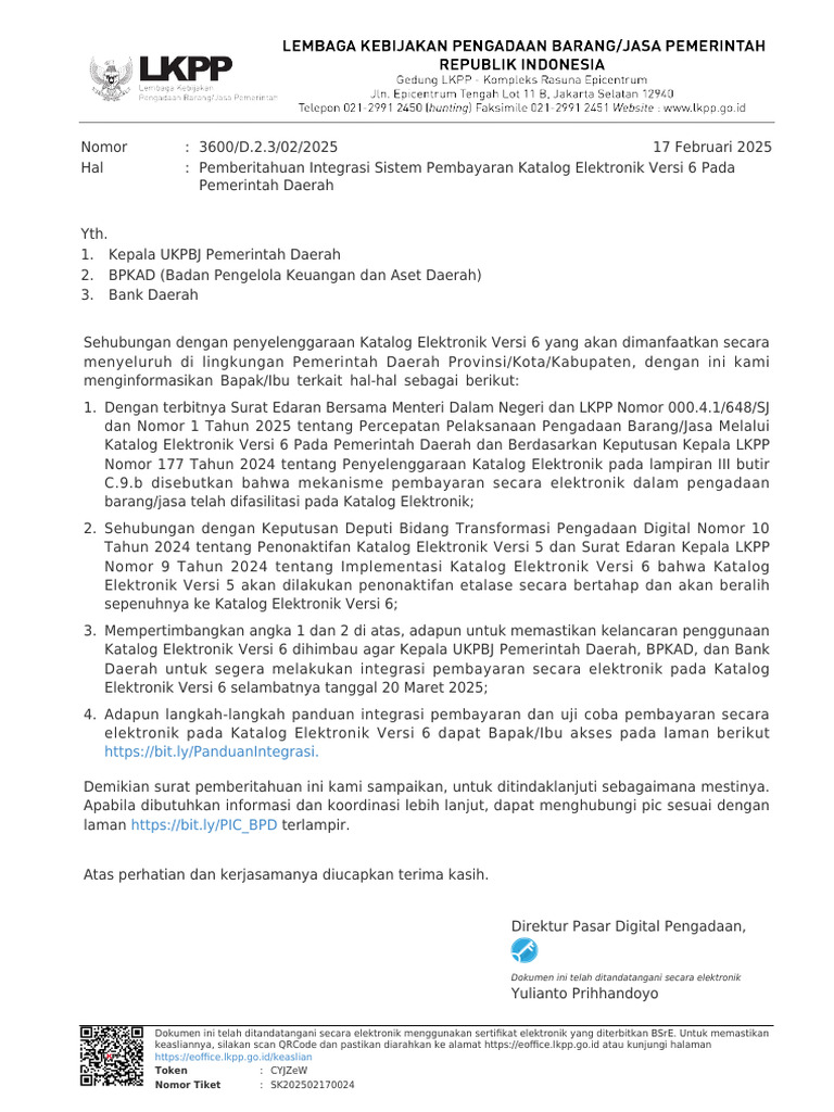Surat Pemberitahuan Integrasi Pembayaran Pemda | PDF