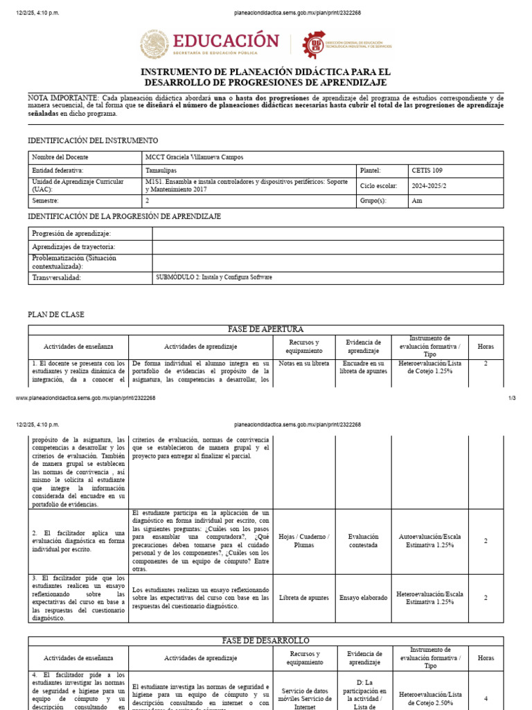 Planeación Didáctica en CETIS 109 | PDF | Cuestionario | Internet