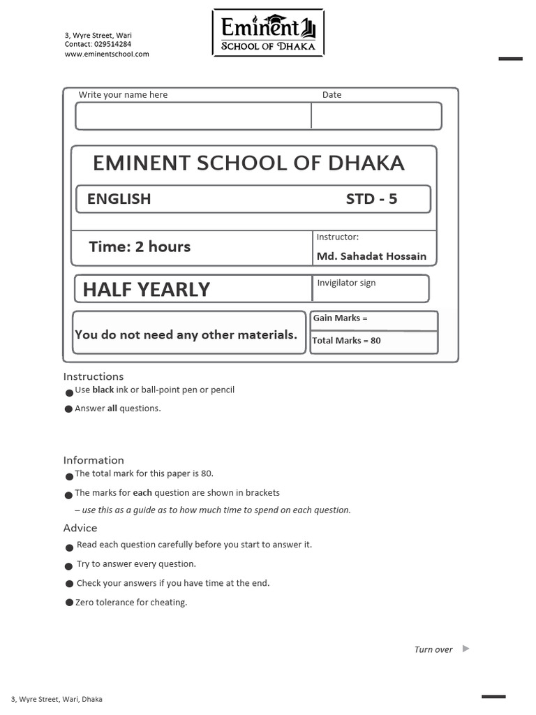 STD-5 Half Yearly Question Paper | PDF