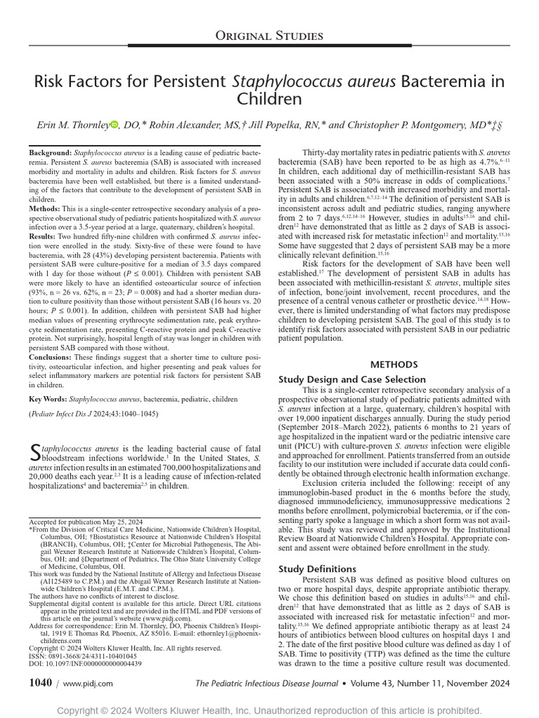 Risk Factors for Persistent Staphylococcus Aureus Bacteremia in Children | PDF | Staphylococcus ...