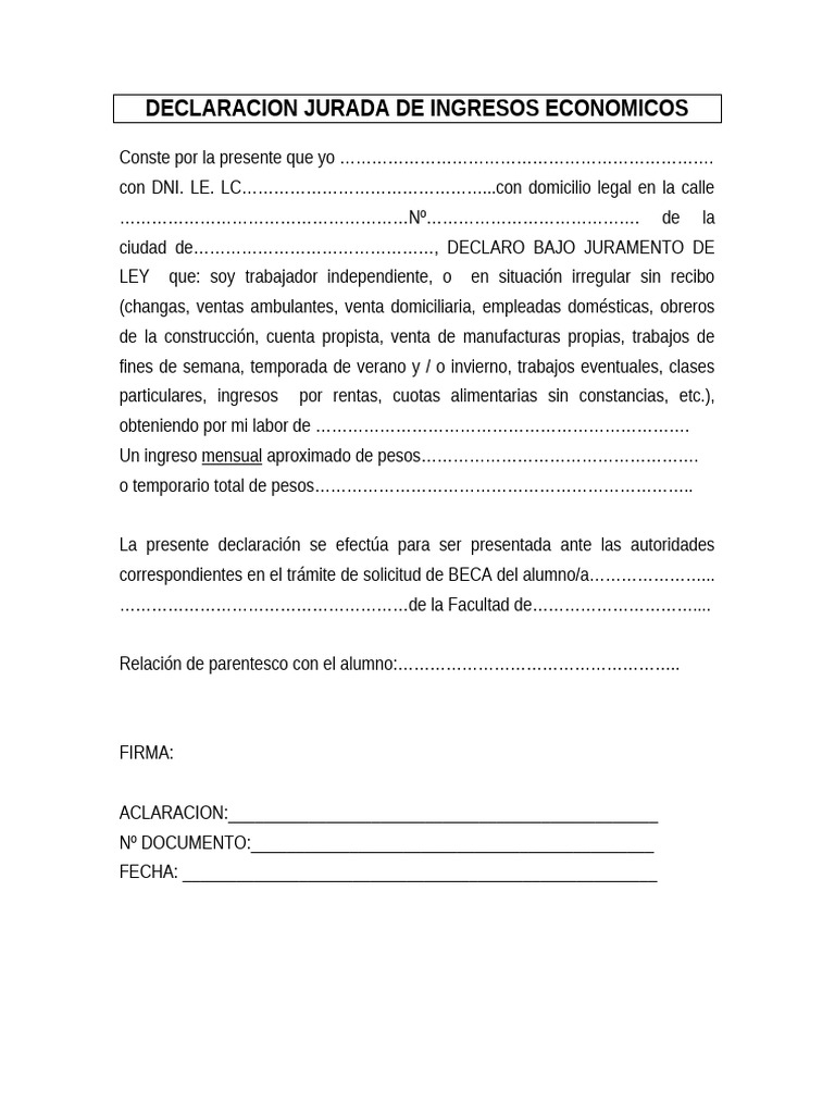 Declaracion Jurada de Ingresos | PDF