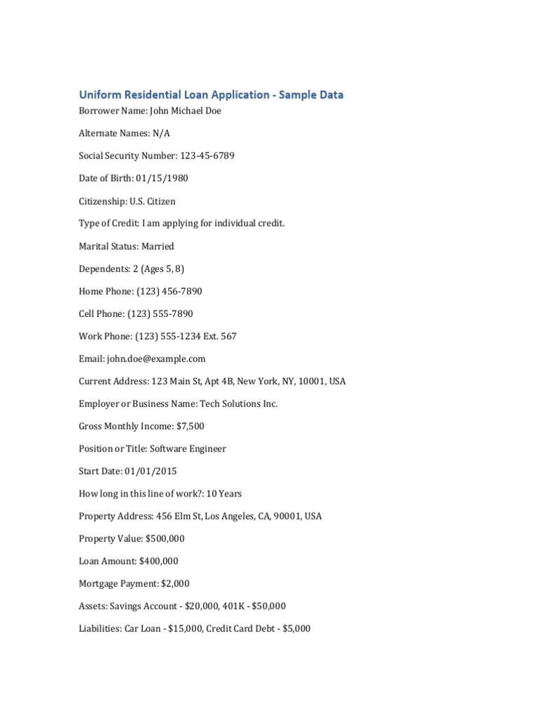 Uniform Residential Loan Application Sample | PDF