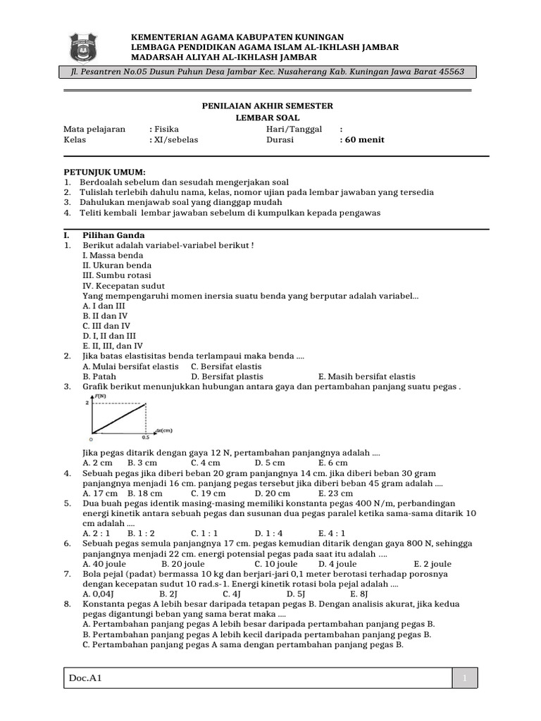 SOAL PAS FISIKA KELAS XI 2024 Sem 1 | PDF