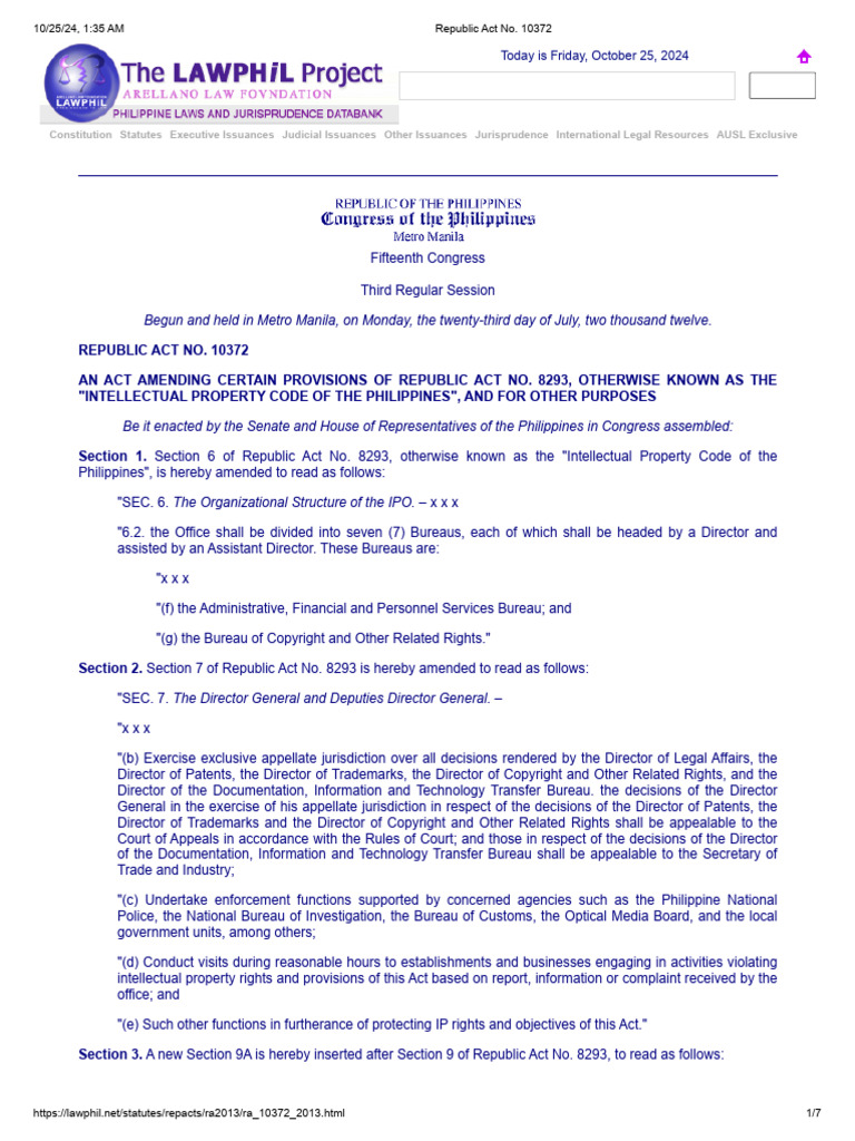 Republic Act No. 10372 | PDF | Copyright | Copyright Infringement