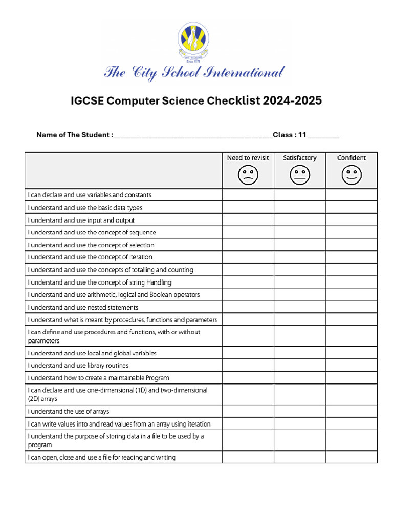 IGCSE Computer Science Checklist 2024 | PDF