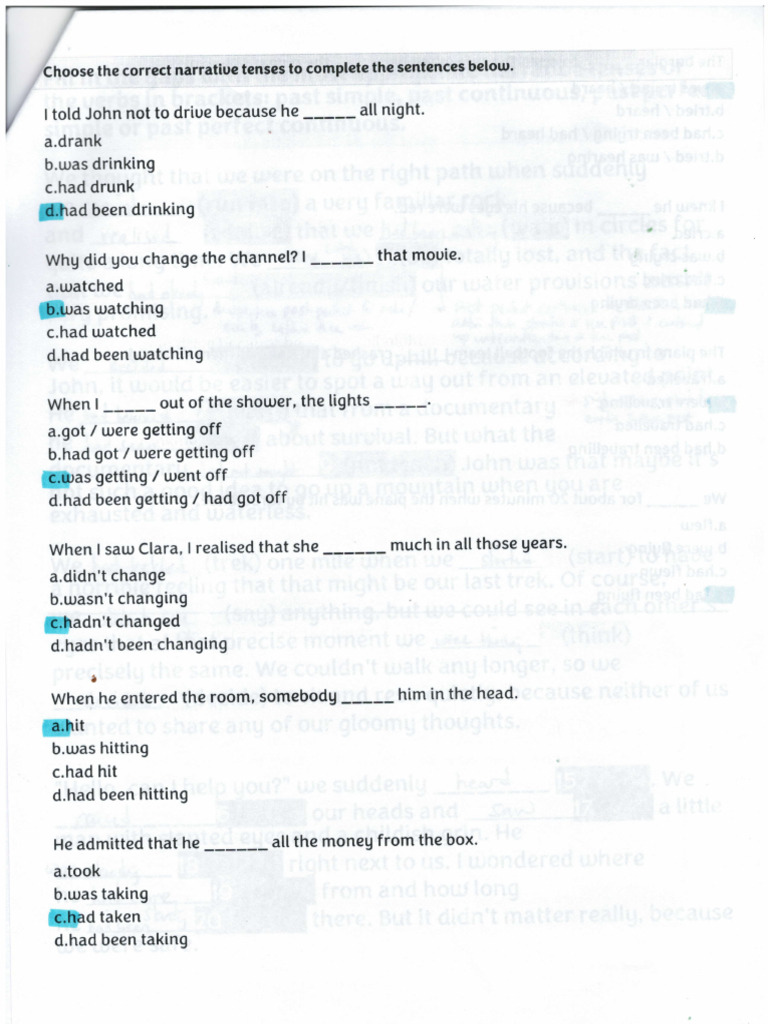 Correct Narrative Tenses Exercises | PDF