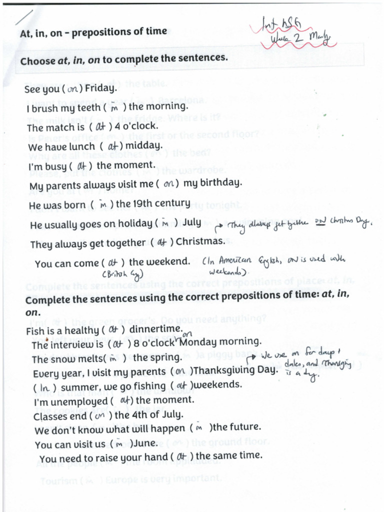 Answers To Preposition Activities | PDF