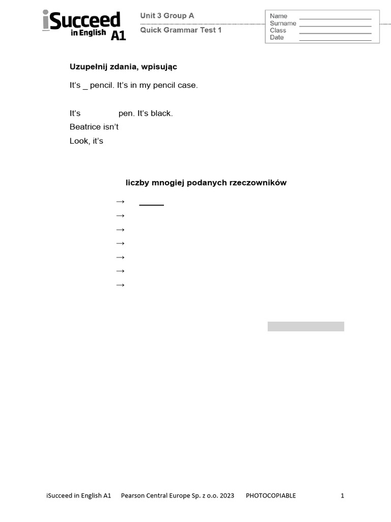 ISucceed A1 Unit 3 Quick Grammar Test 1 Group a Final | PDF