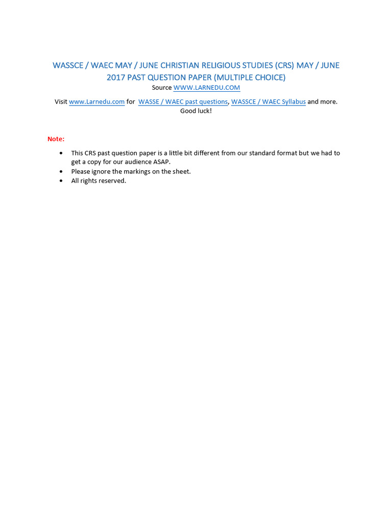 WASSCE WAEC May June 2017 CRS Education Past Question Multiple Choice | PDF