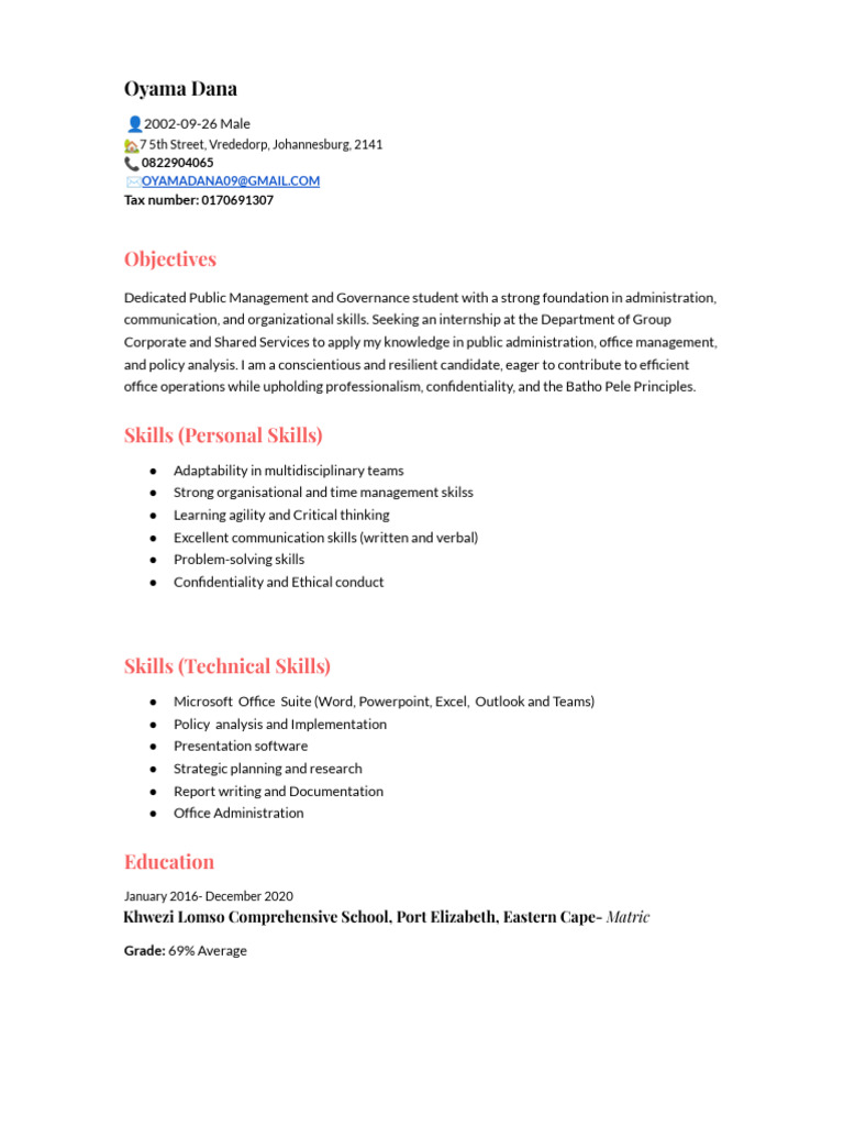 Public Management Internship CV | PDF