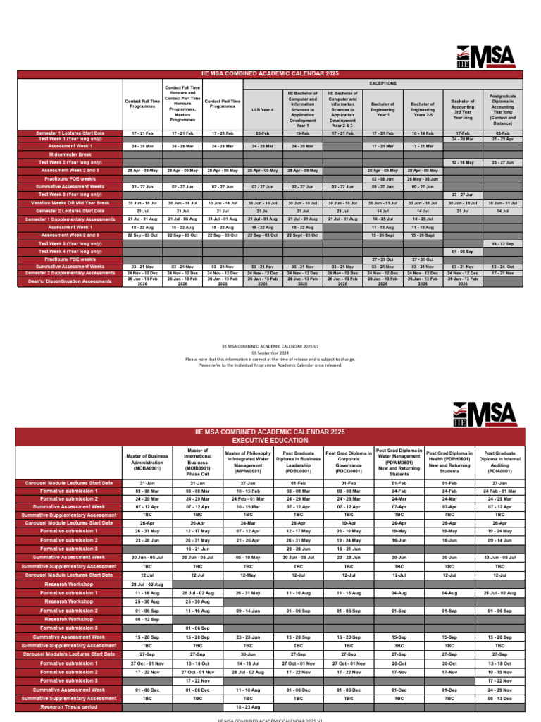Iie Msa Combined Brand Academic Calendar 2025 v1 Final | PDF | Academia ...