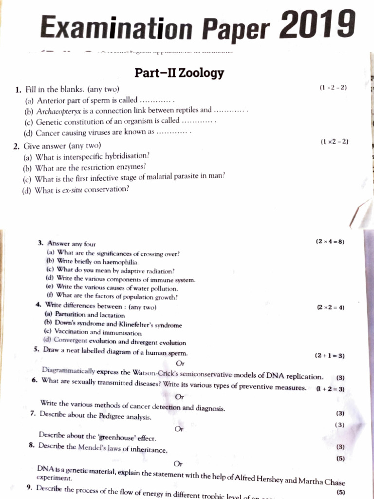 Zoology Question Paper of 2019 & 2020 - 092853 | PDF | Genetics | Ecology