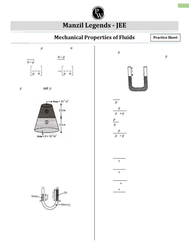 JEE Fluid Mechanics Practice | PDF | Pressure | Density