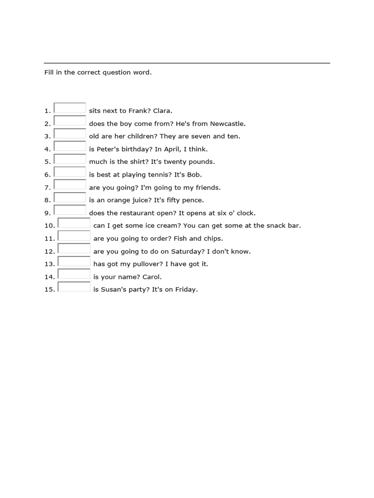 Wh- Questions Fill-in Exercise | PDF