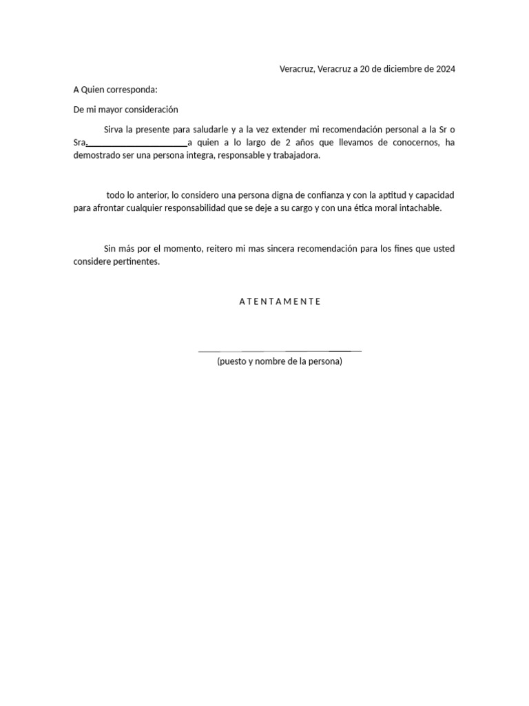 Carta de Recomendacion - Machote | PDF