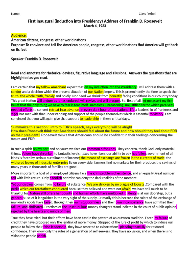 First Inaugural Address Annotated | PDF | Franklin D. Roosevelt