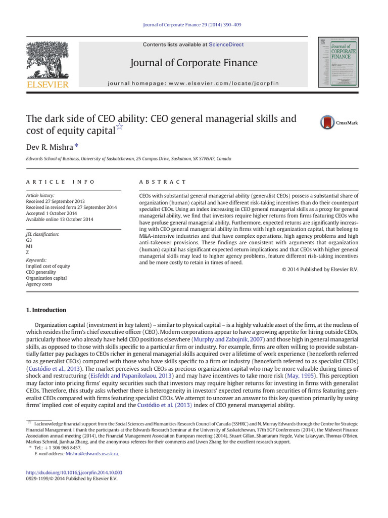 CEO Skills and Cost of Equity Capital | PDF | Capital Asset Pricing ...