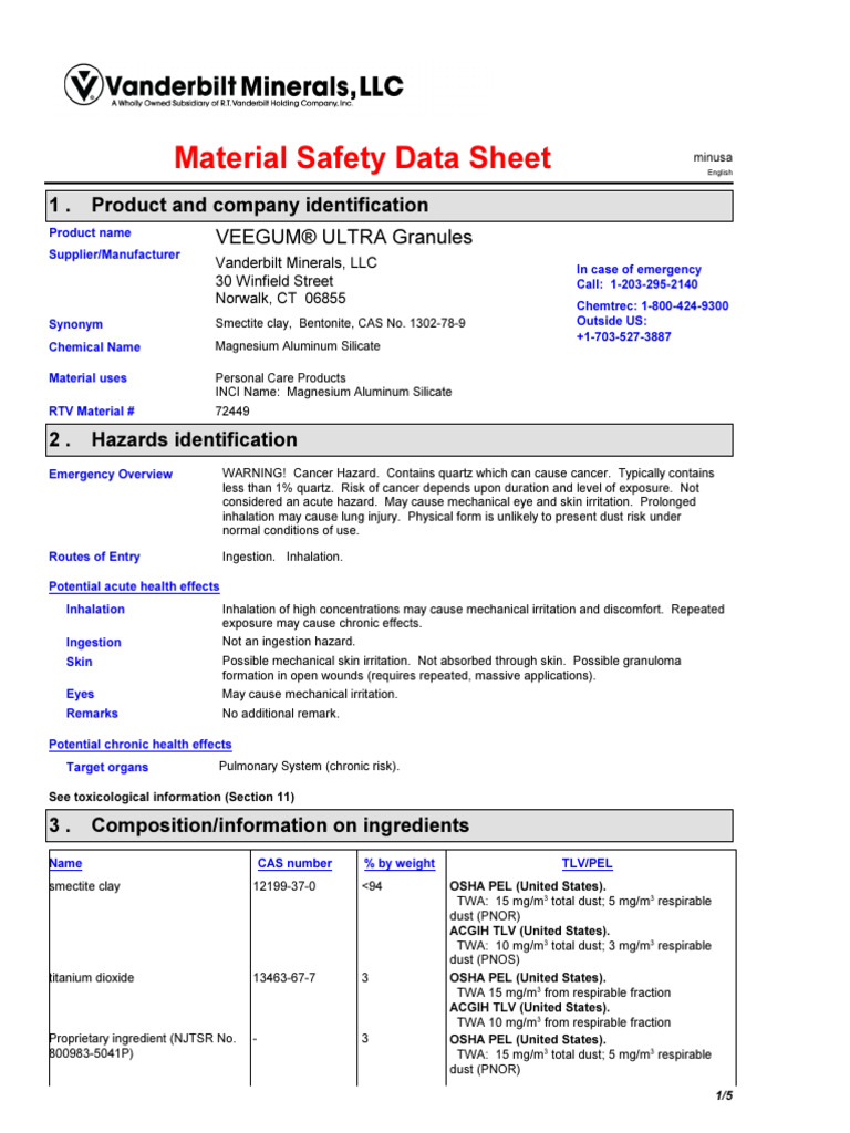 VEEGUM ULTRA MSDS | PDF | Hazards | Occupational Safety And Health