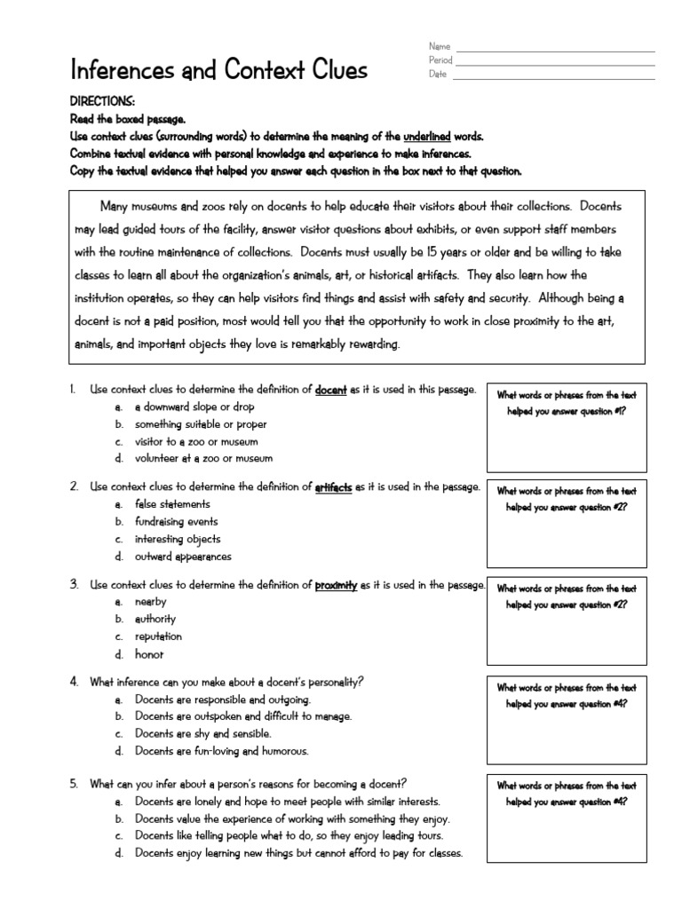 Context Clues and Inferences Worksheet - 1 | PDF | Museum | Cognition