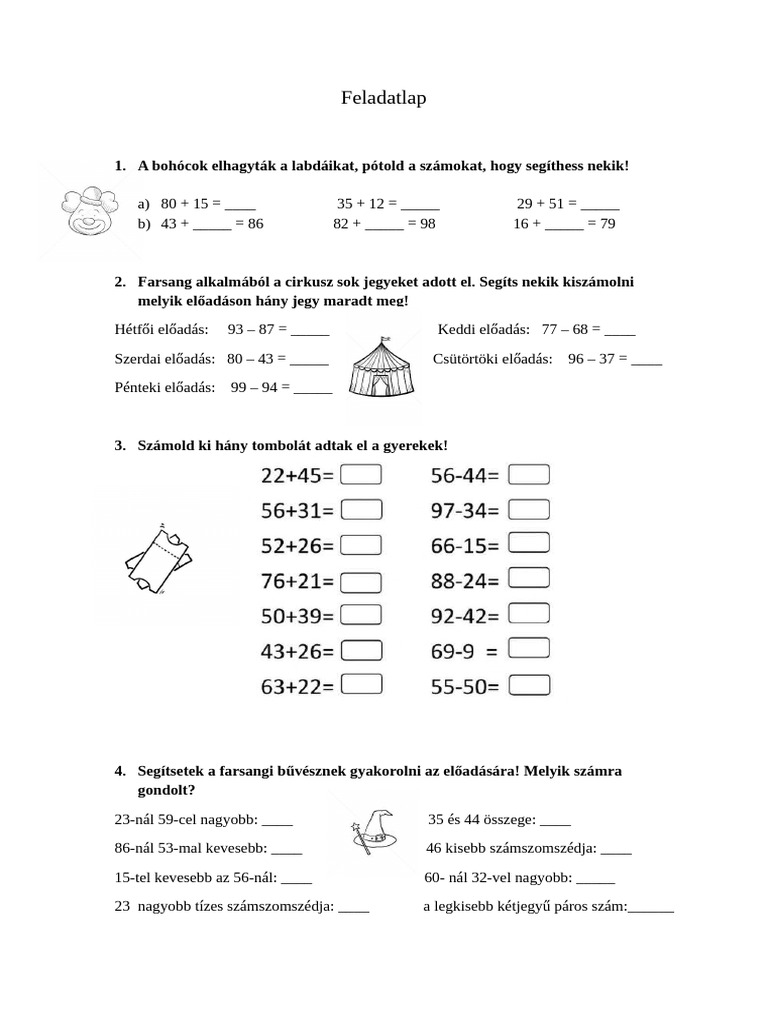 Feladatlap matek 100 számkör | PDF