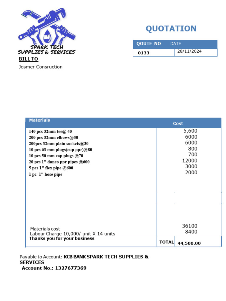 Construction Quotation for Materials and Labor | PDF