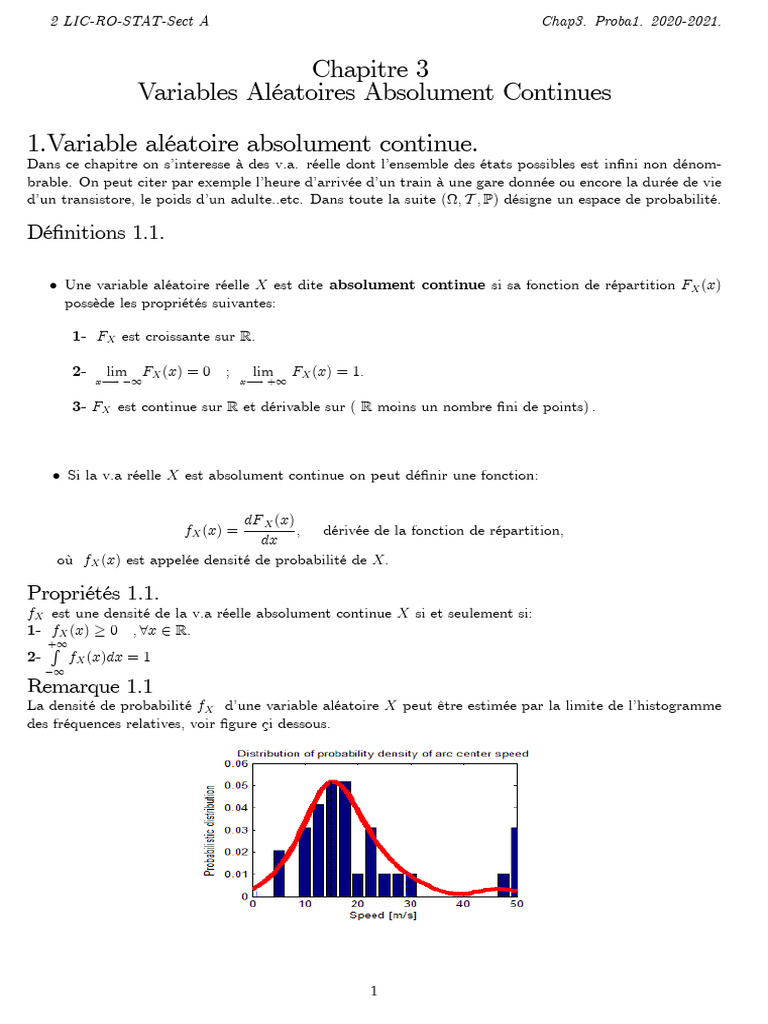 Variables Aléatoires Absolument Continues | PDF | Loi normale | Loi de ...