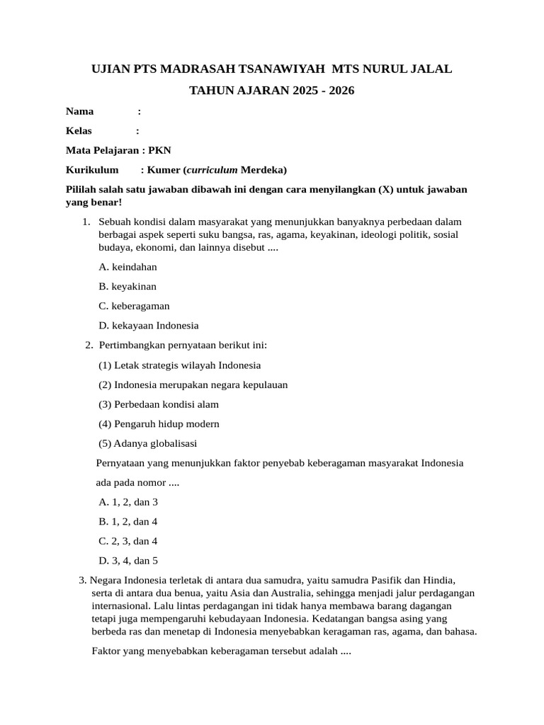 UJIAN PTS MADRASAH TSANAWIYAH MTS NURUL JALAL | PDF
