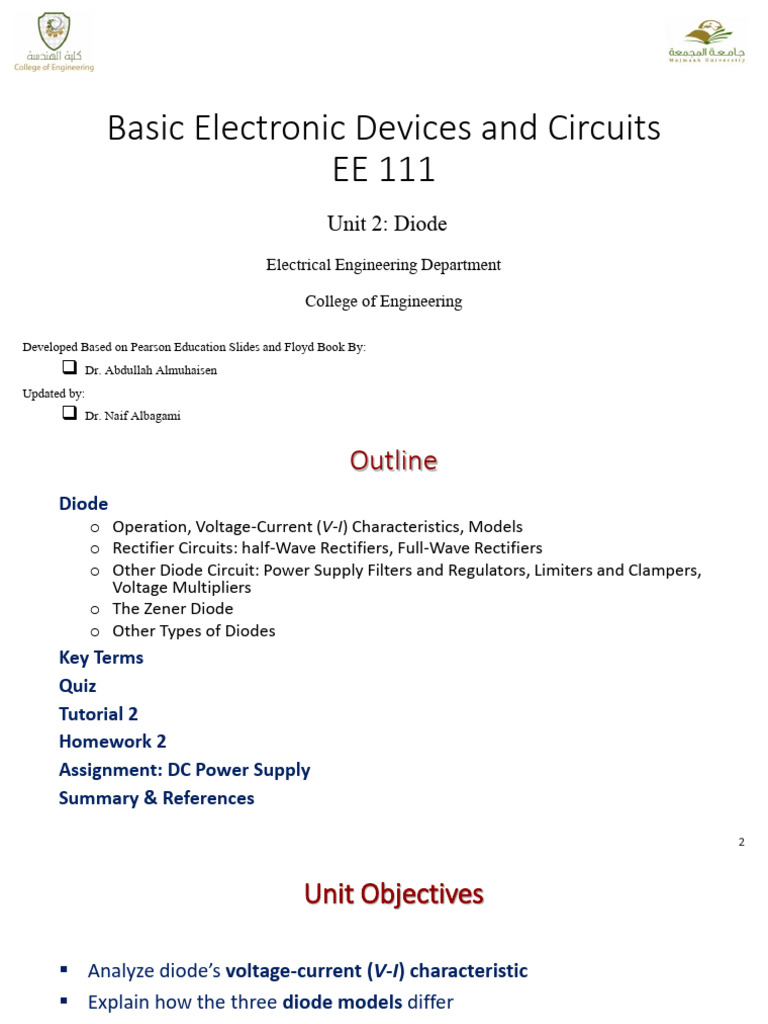Basic Electronic Devices and Circuits EE 111: Unit 2: Diode | PDF ...