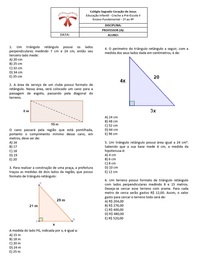 ATIVIDADE II - TEOREMA DE PITÁGORAS | PDF | Triângulo | Geometria Elementar