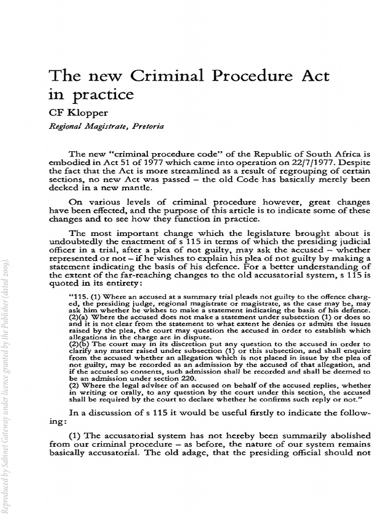 Klopper 1978 The New Criminal Procedure Act in Practice | PDF ...