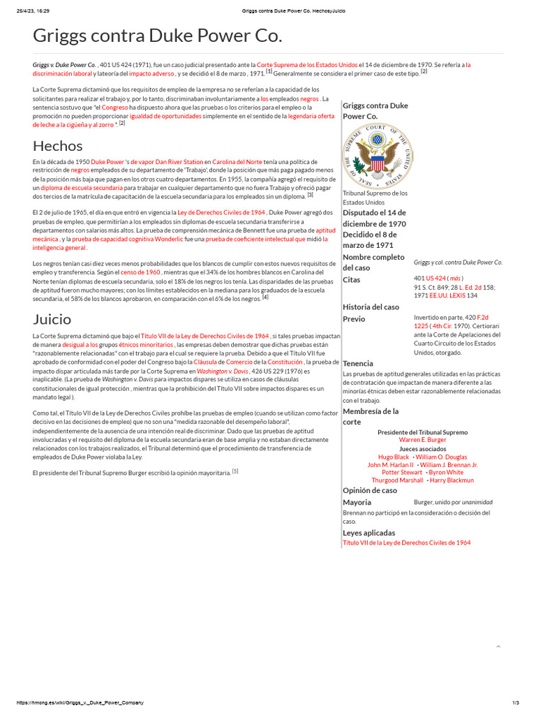 Griggs Contra Duke Power Co. HechosyJuicio | PDF | Discriminación ...