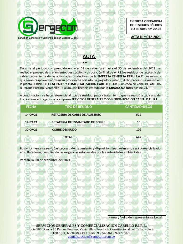 ACTA DE DESTRUCCION 012-21 | PDF