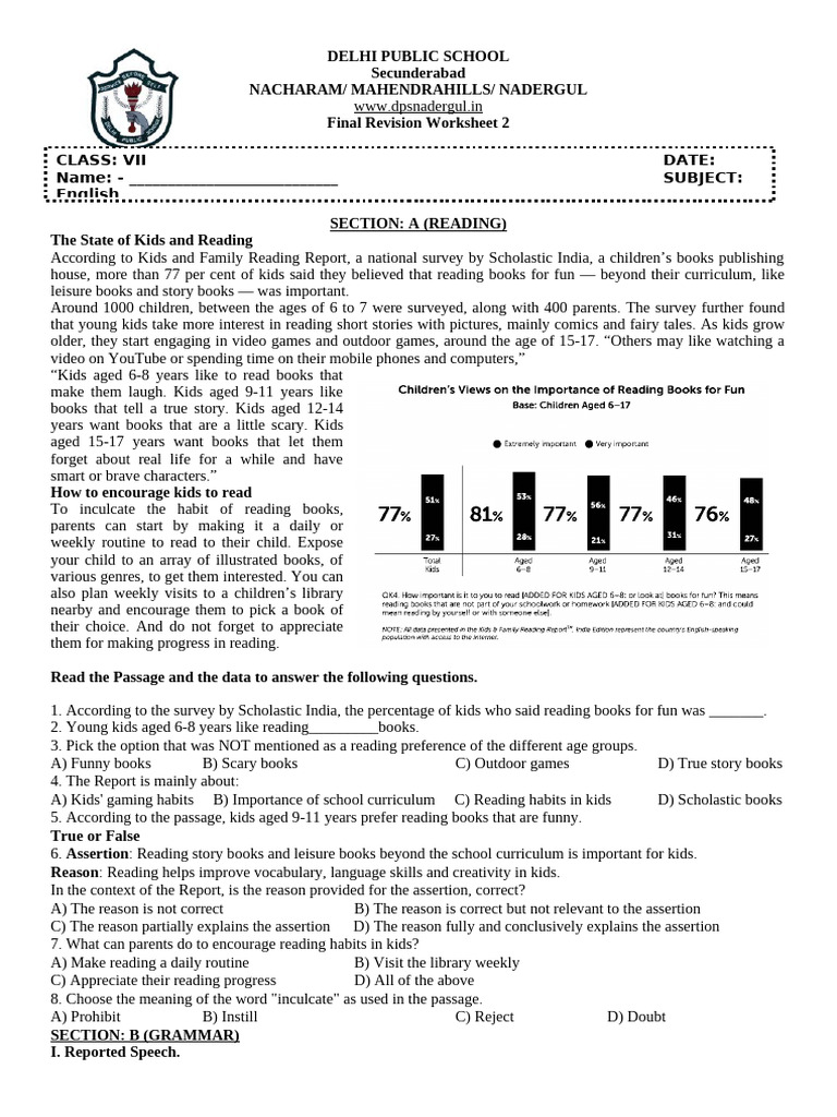 Final English Revision Worksheet 2 Grade 7 | PDF | Reason