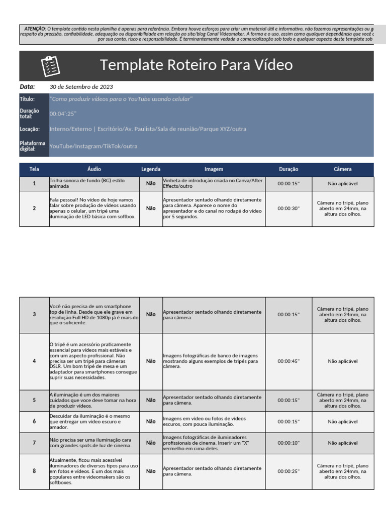 Template Roteiro para Video | PDF | Câmera | Vídeo