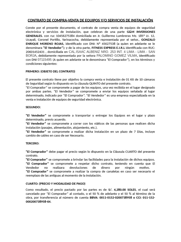 Contrato de Venta e Instalacion de Equipos | PDF Contrato de Venta e Instalacion de Equipos | PDF