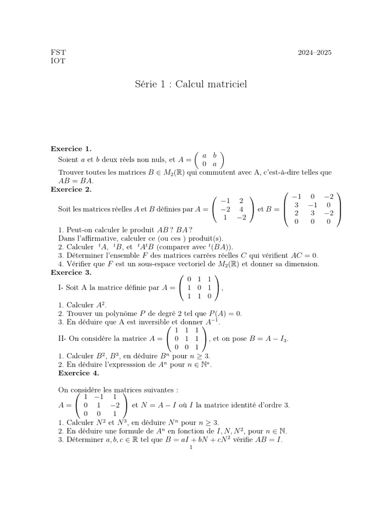 Série Calcul matriciel copie 5 (1) | PDF | Matrice (Mathématiques ...