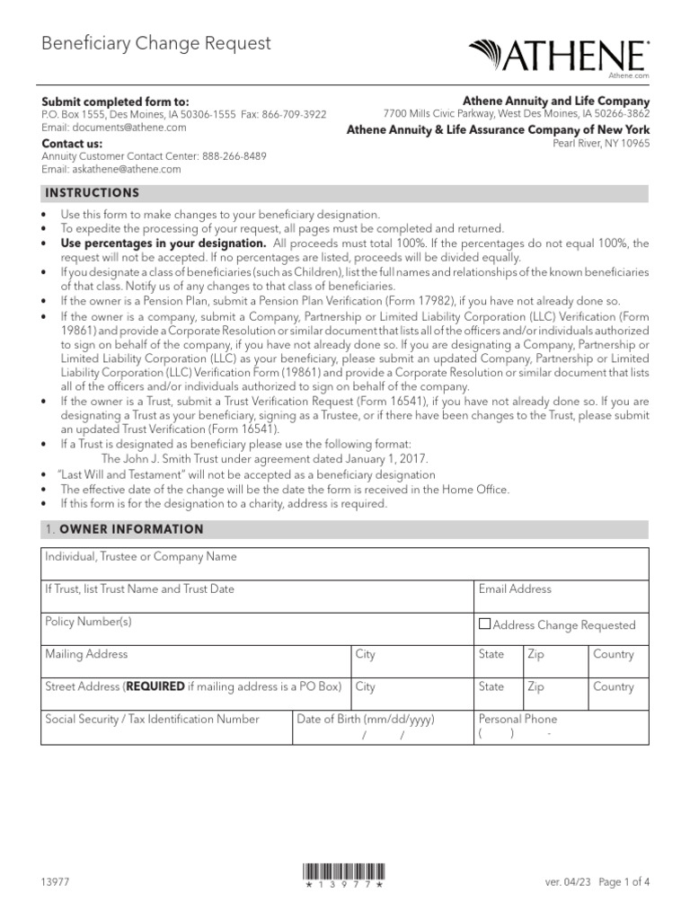 Athene Beneficiary Change Form | PDF | Social Security (United States ...