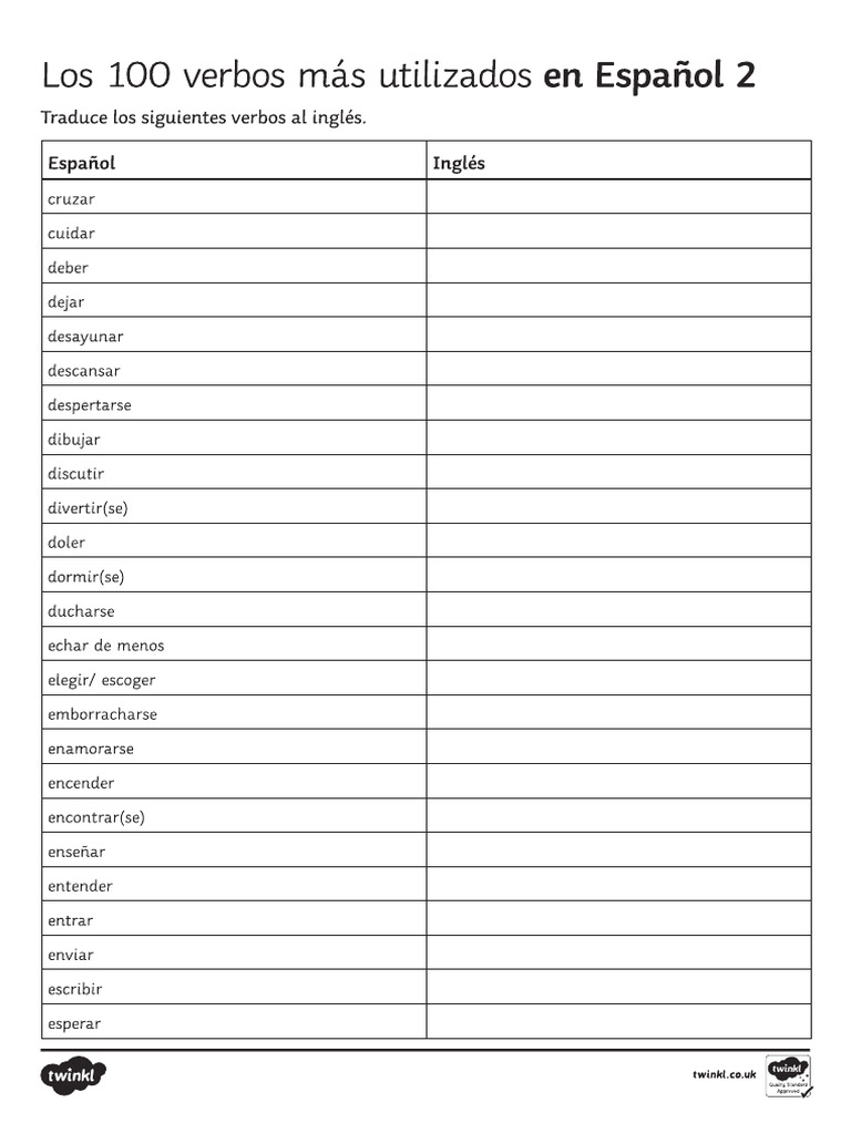 100 High Frequency Verbs 2 Worksheet Spanish | PDF