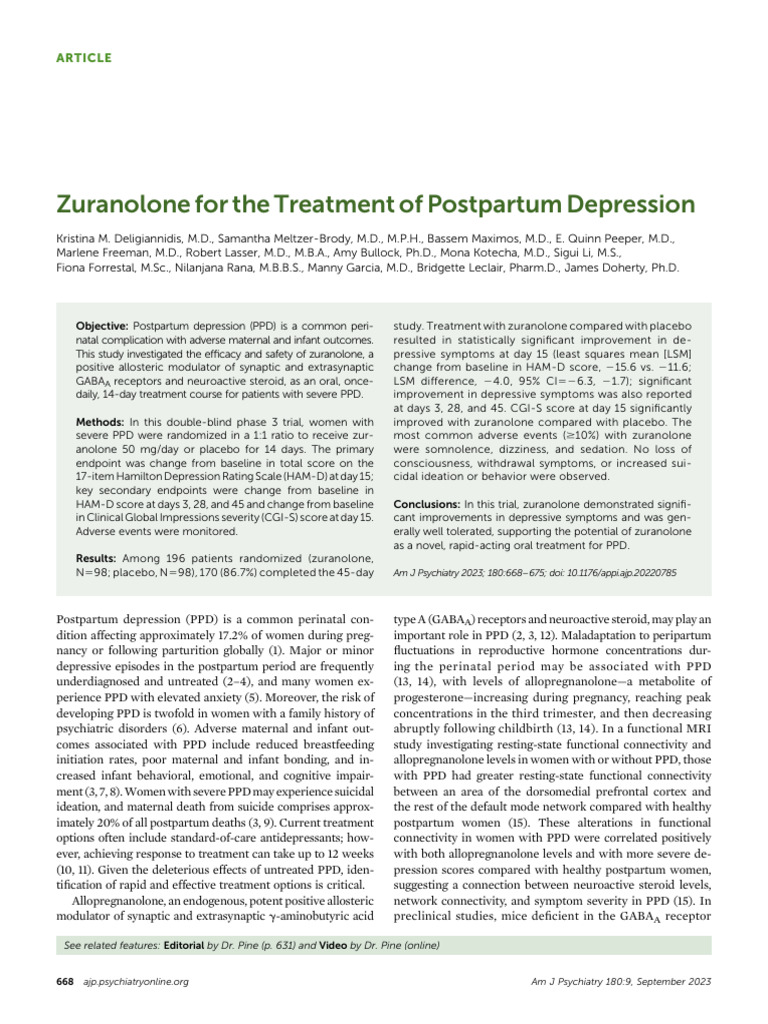 Zuranolone: Effective Treatment for Postpartum Depression | PDF | Major ...