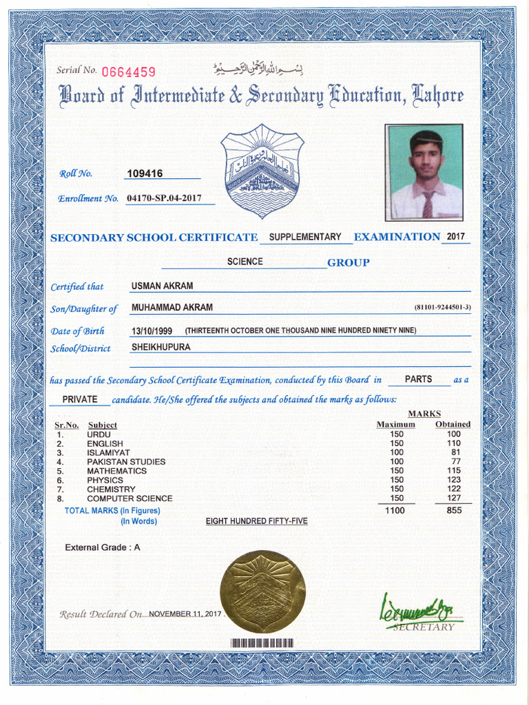 Matric Certificate | PDF