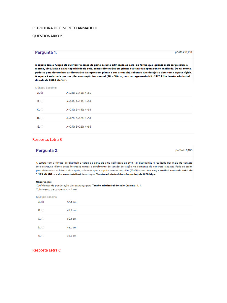 ESTRUTURA DE CONCRETO ARMADO II QUESTIONARIO 2 Respondido | PDF