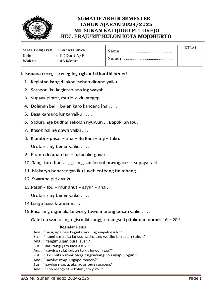 BAHASA JAWA KELAS 2 | PDF