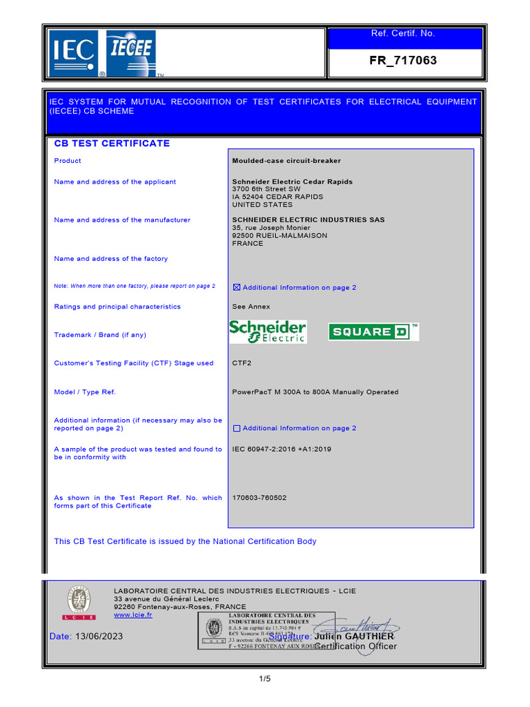 IEC CB Test Certificate for PowerPacT M | PDF | Mains Electricity ...