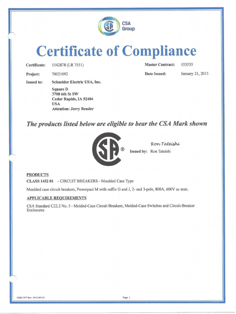 Certificado Csa 300 A 800 Amperes | PDF